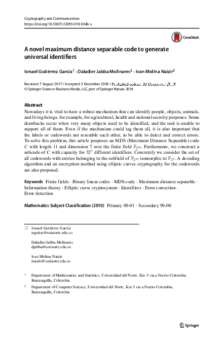 (PDF) A novel maximum distance separable code to generate universal identifiers