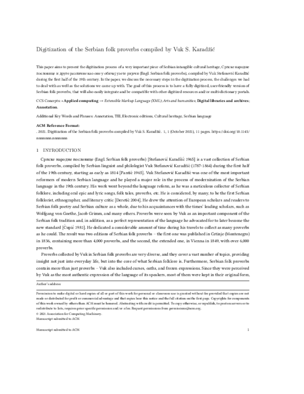 (PDF) Digitization of the Serbian folk proverbs compiled by Vuk S. Karadžić
