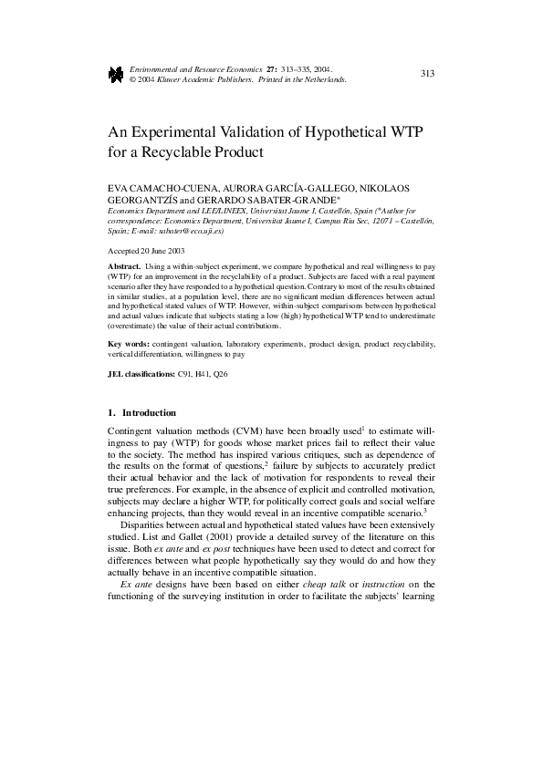 (PDF) An Experimental Validation of Hypothetical WTP for a Recyclable ...