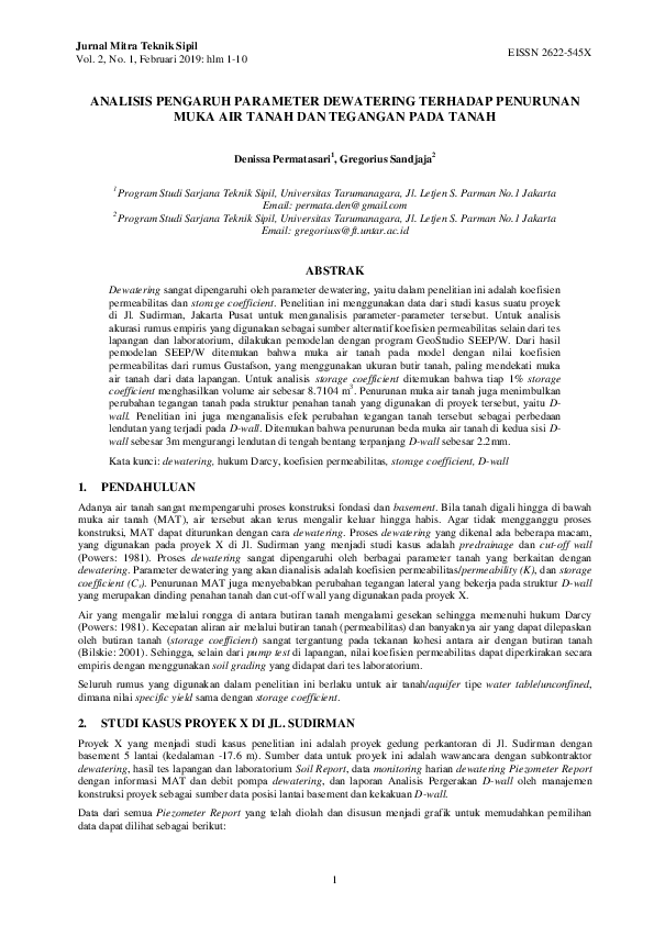 (PDF) Analisis Pengaruh Parameter Dewatering Terhadap Penurunan Muka Air Tanah Dan Tegangan Pada ...