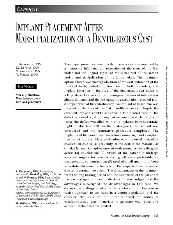 (PDF) Implant Placement After Marsupialization of a Dentigerous Cyst ...