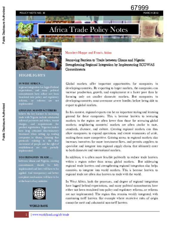 (PDF) Removing Barriers to Trade between Ghana and Nigeria: Strengthening Regional Integration ...