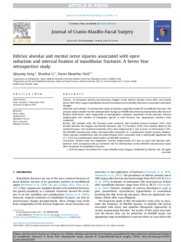 (PDF) Inferior alveolar and mental nerve injuries associated with open ...