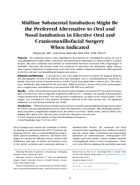 (PDF) Midline submental intubation might be the preferred alternative ...
