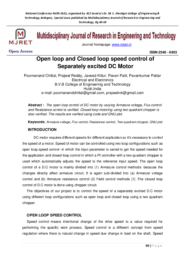 Pdf Open Loop And Closed Loop Speed Control Of Separately Excited Dc Motor