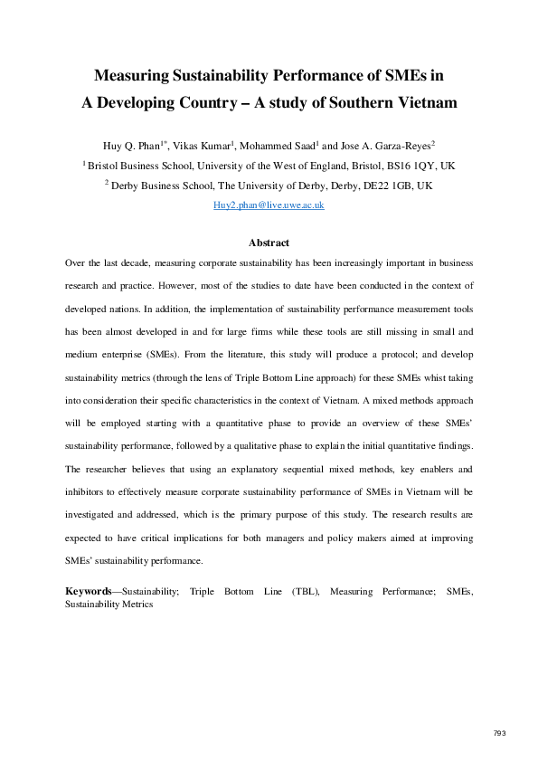(PDF) Measuring sustainability performance of SMEs in a developing ...