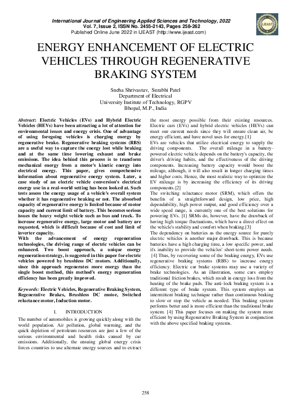 (PDF) Energy Enhancement of Electric Vehicles Through Regenerative Braking System