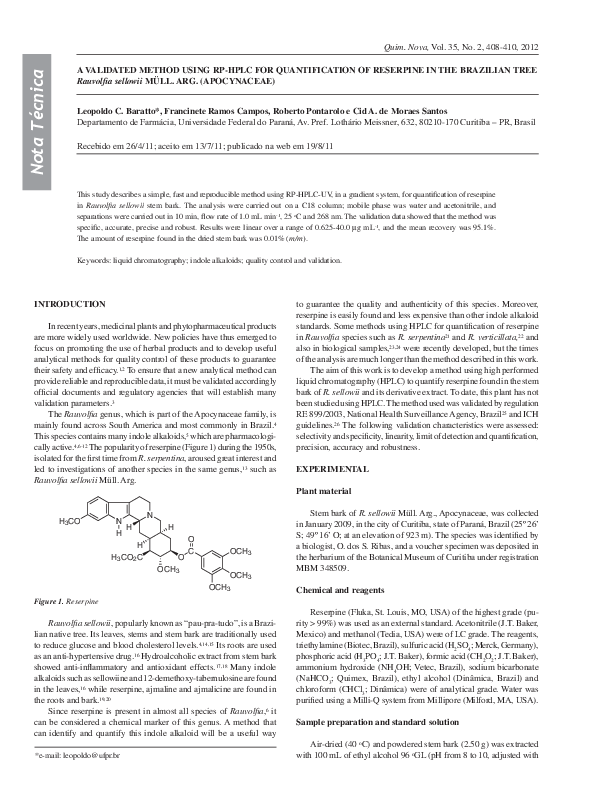 Pdf A Validated Method Using Rp Hplc For Quantification Of Reserpine