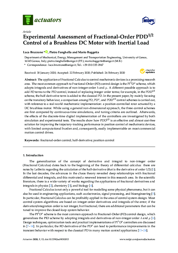 (PDF) Experimental Assessment of Fractional-Order PDD1/2 Control of a Brushless DC Motor with ...