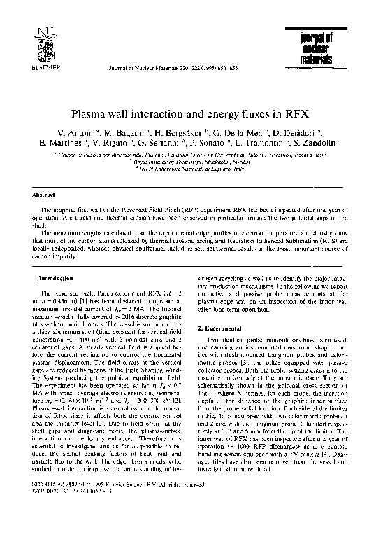 (PDF) Plasma wall interaction and energy fluxes in RFX