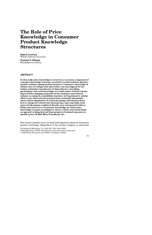 (PDF) The role of price knowledge in consumer product knowledge structures