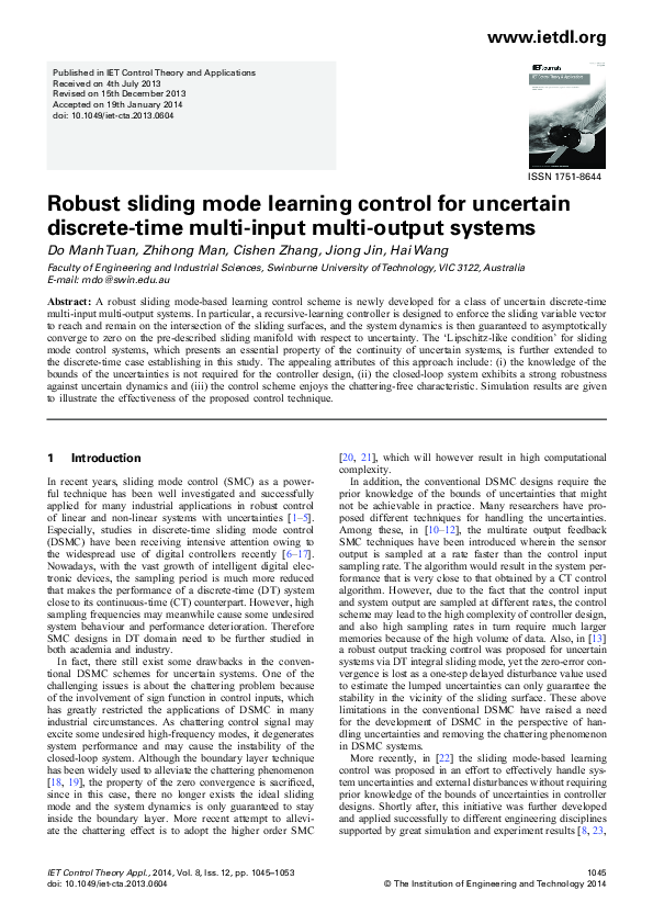 Pdf Robust Sliding Mode Learning Control For Uncertain Discrete Time Multi Input Multi Output