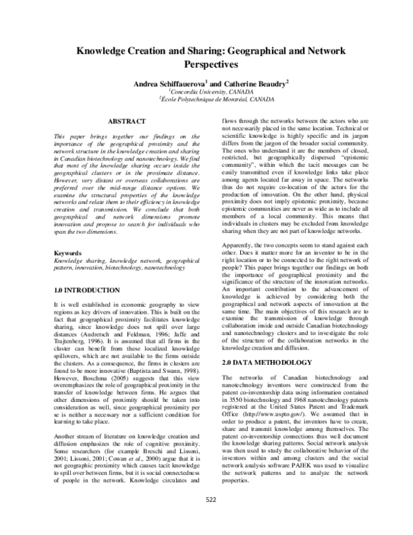 (PDF) Knowledge Creation and Sharing: Geographical and Network Perspectives