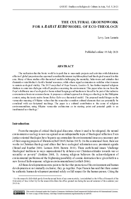 (PDF) The Cultural Groundwork for a Bahay Kubo Model of Eco-Theology
