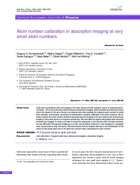 (PDF) Atom number calibration in absorption imaging at very small atom ...