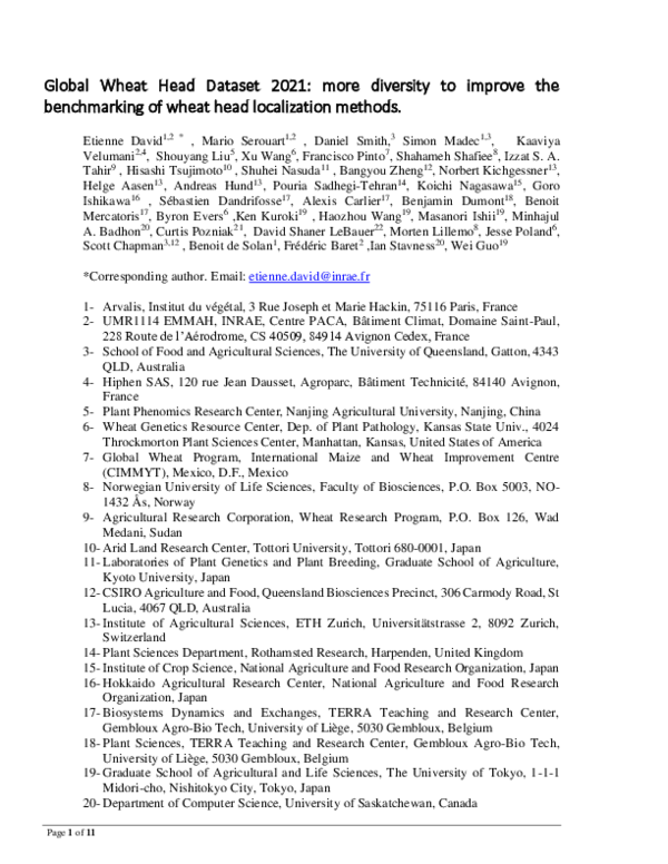 (PDF) Global Wheat Head Dataset 2021: more diversity to improve the ...