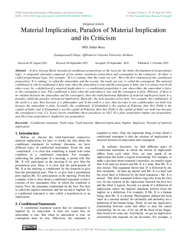(PDF) Material Implication, Paradox of Material Implication and its ...