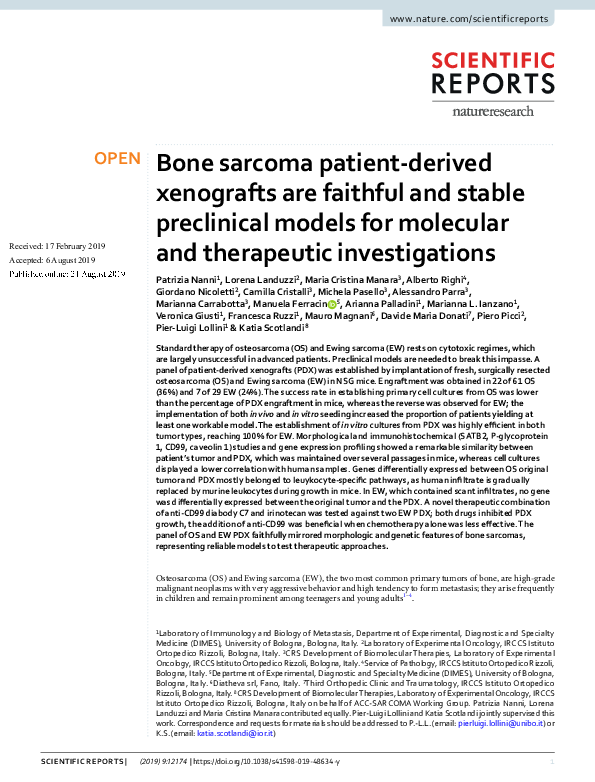 (PDF) Bone sarcoma patient-derived xenografts are faithful and stable ...