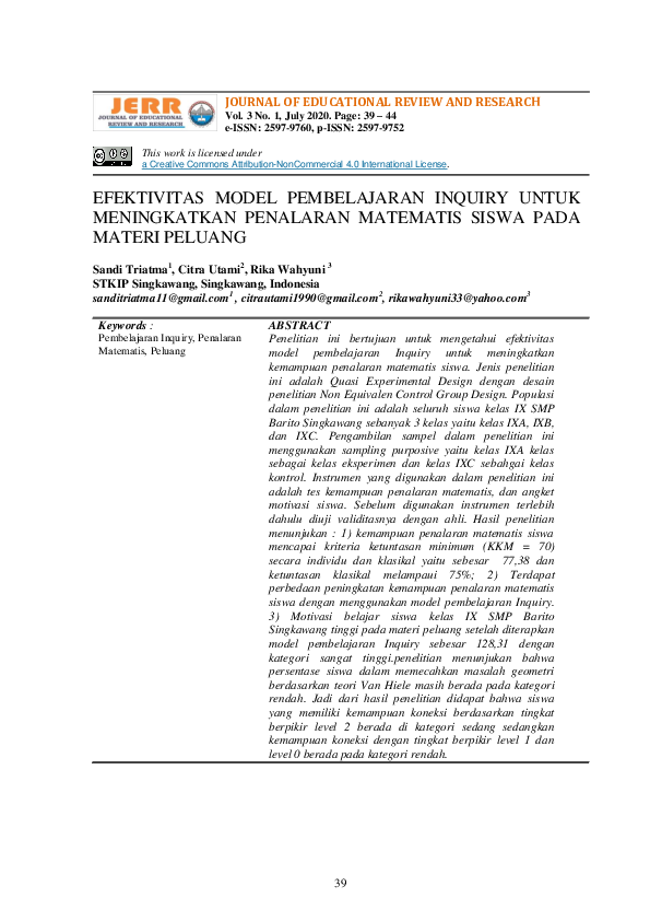 (PDF) Efektivitas Model Pembelajaran Inquiry Untuk Meningkatkan Penalaran Matematis Siswa Pada ...