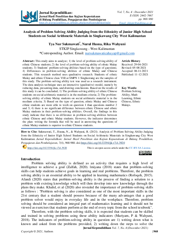 (PDF) Analysis of Problem Solving Ability Judging from the Ethnicity of Junior High School ...