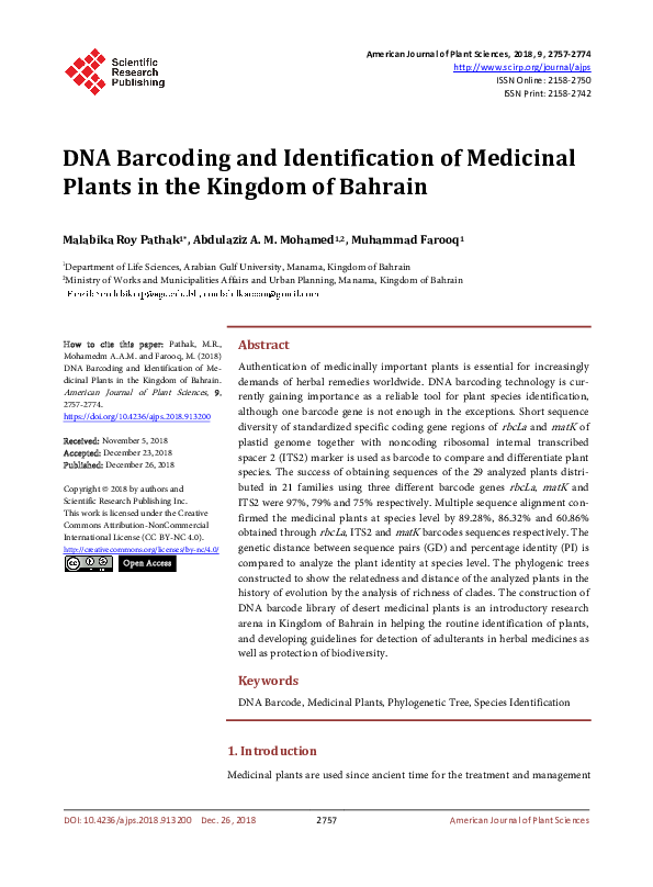(PDF) DNA Barcoding and Identification of Medicinal Plants in the Kingdom of Bahrain