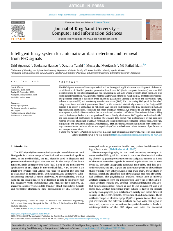 Pdf Intelligent Fuzzy System For Automatic Artifact Detection And