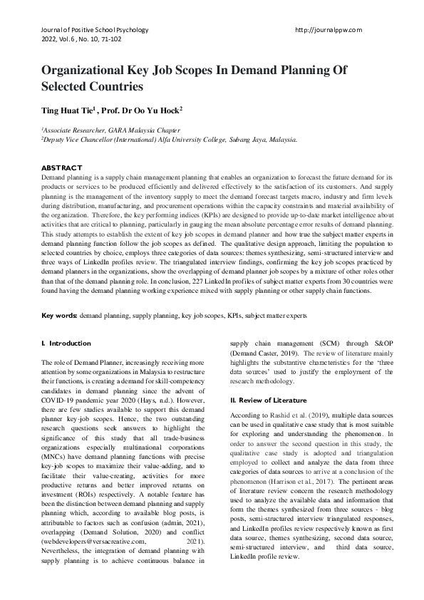 (PDF) Organizational Key Job Scopes In Demand Planning Of Selected ...