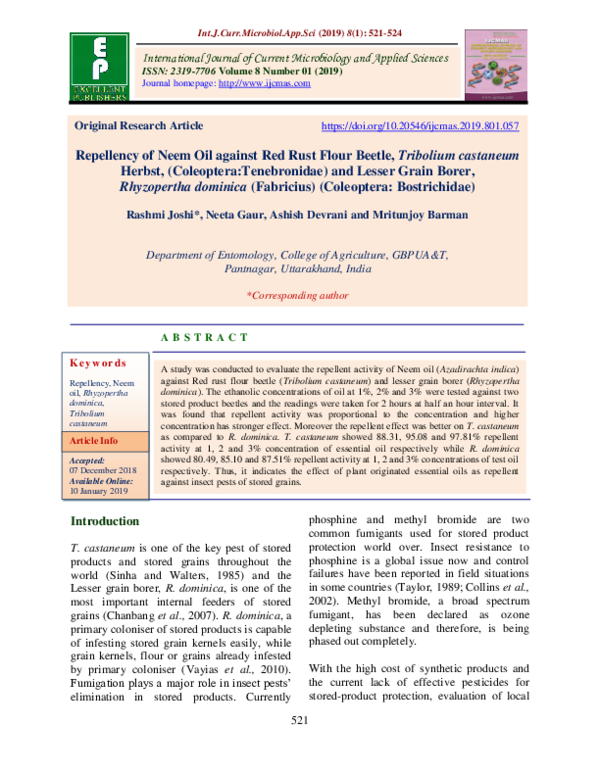 (PDF) Repellency of Neem Oil against Red Rust Flour Beetle, Tribolium ...