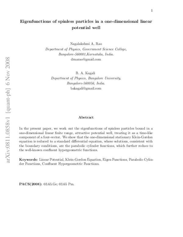 (PDF) Eigenfunctions of Spinless Particles in a One-dimensional Linear ...