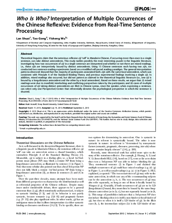 (PDF) Who is who? Interpretation of multiple occurrences of the Chinese reflexive: evidence from ...