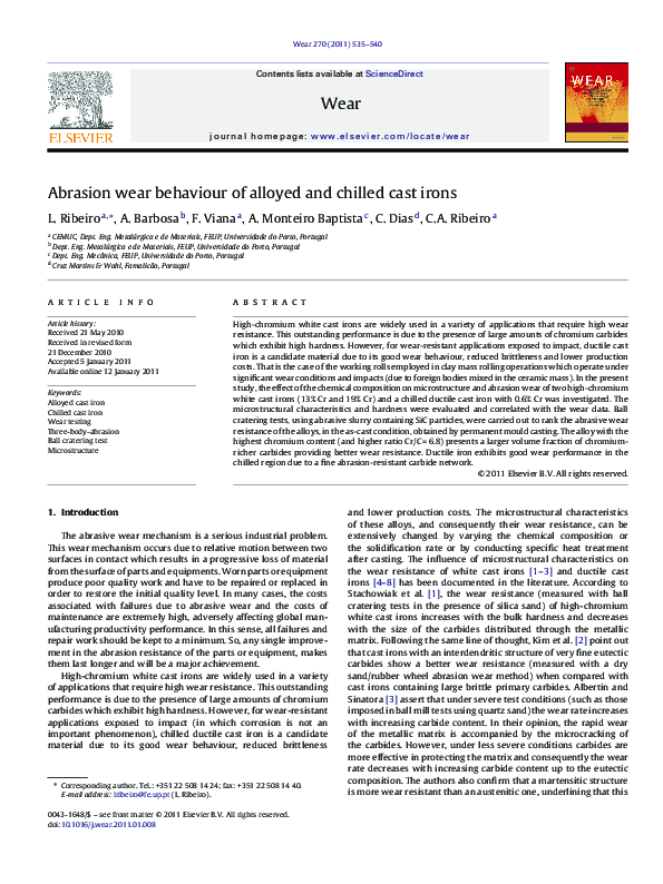 (PDF) Abrasion wear behaviour of alloyed and chilled cast irons | Filomena Viana - Academia.edu