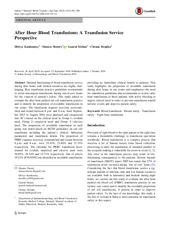 (PDF) After Hour Blood Transfusions: A Transfusion Service Perspective