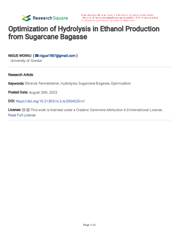 (PDF) Optimization of Hydrolysis in Ethanol Production from Sugarcane Bagasse
