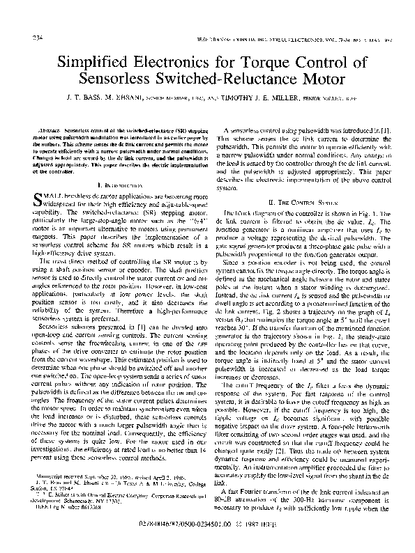 Pdf Simplified Electronics For Torque Control Of Sensorless Switched Reluctance Motor