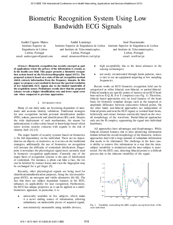 Pdf Biometric Recognition System Using Low Bandwidth Ecg Signals