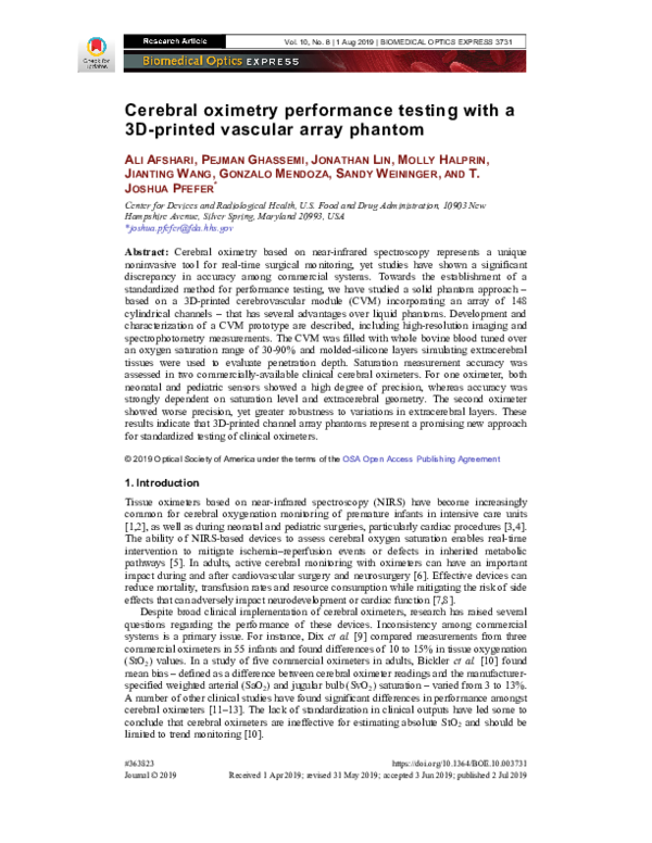 (PDF) Cerebral oximetry performance testing with a 3D-printed vascular ...
