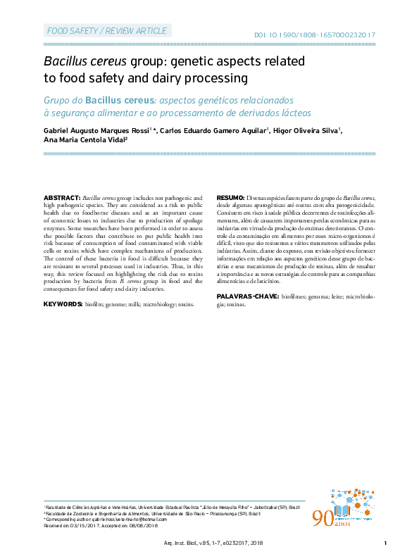 (PDF) Bacillus cereus group: genetic aspects related to food safety and ...