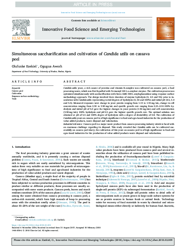 (PDF) Simultaneous saccharification and cultivation of Candida utilis on cassava peel
