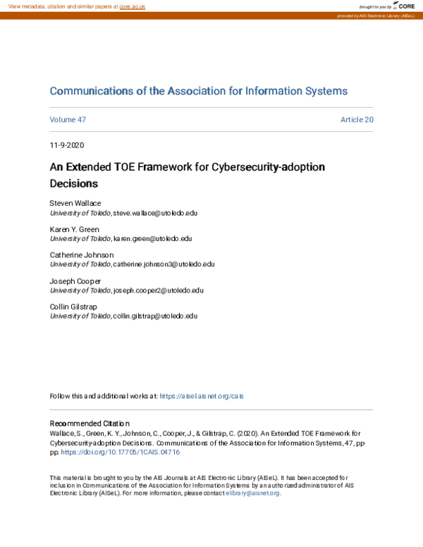 (PDF) An Extended TOE Framework for Cybersecurity-adoption Decisions