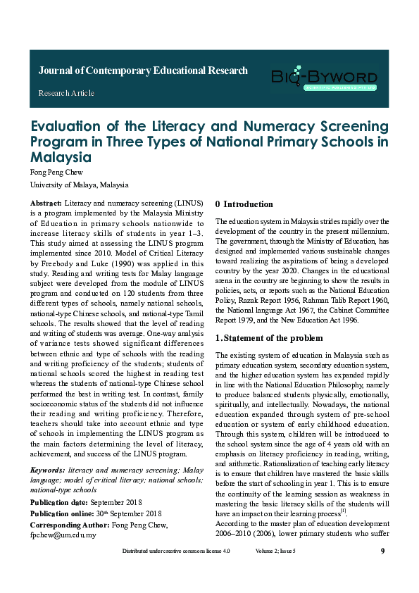 (PDF) Evaluation of the Literacy and Numeracy Screening Program in Three Types of National ...