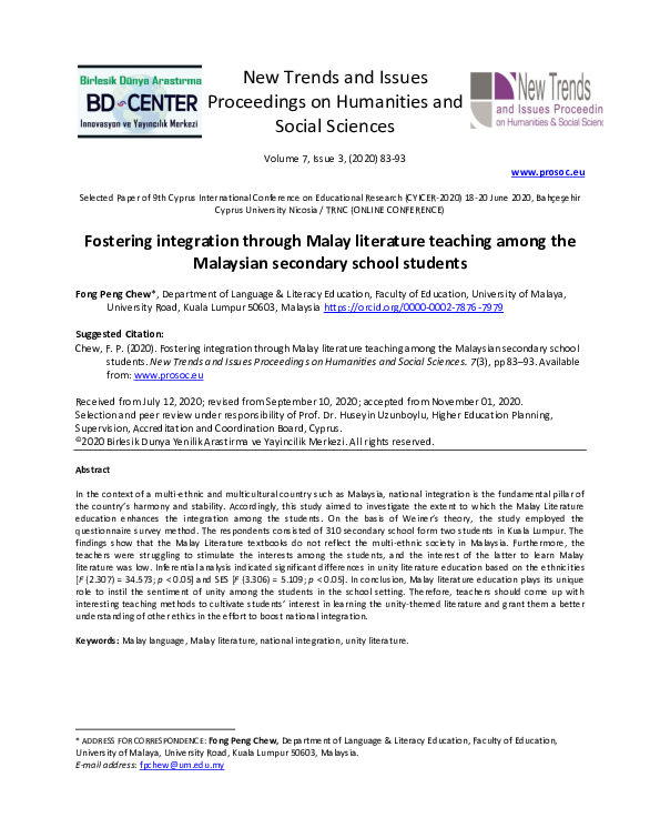 (PDF) Fostering integration through Malay literature teaching among the ...
