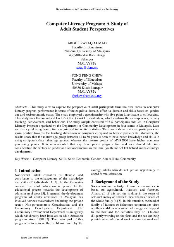 (PDF) Computer Literacy Program : A Study of Adult Student Perspectives
