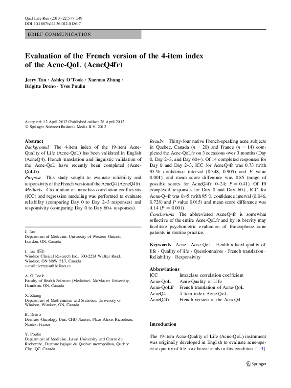 (PDF) Evaluation of the French version of the 4-item index of the Acne ...