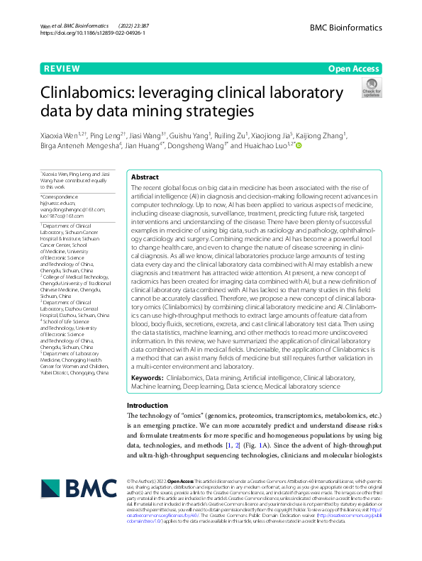 (PDF) Clinlabomics: leveraging clinical laboratory data by data mining strategies