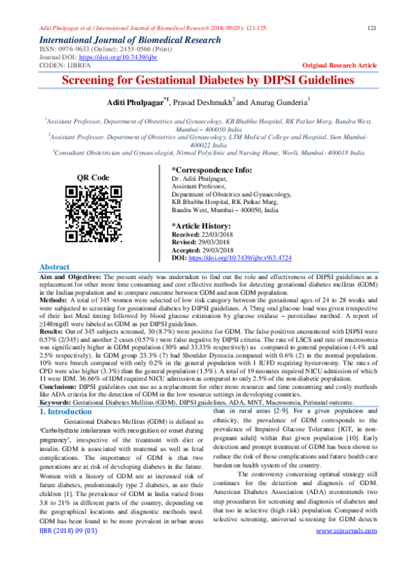(PDF) Screening for Gestational Diabetes by DIPSI Guidelines