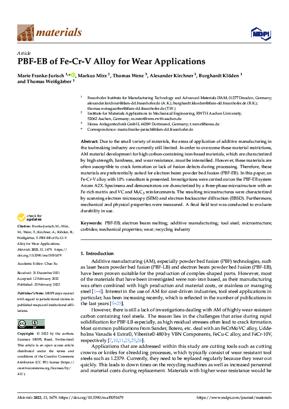 (PDF) PBF-EB of Fe-Cr-V Alloy for Wear Applications