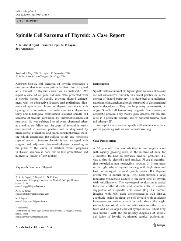 (PDF) Spindle Cell Sarcoma of Thyroid: A Case Report