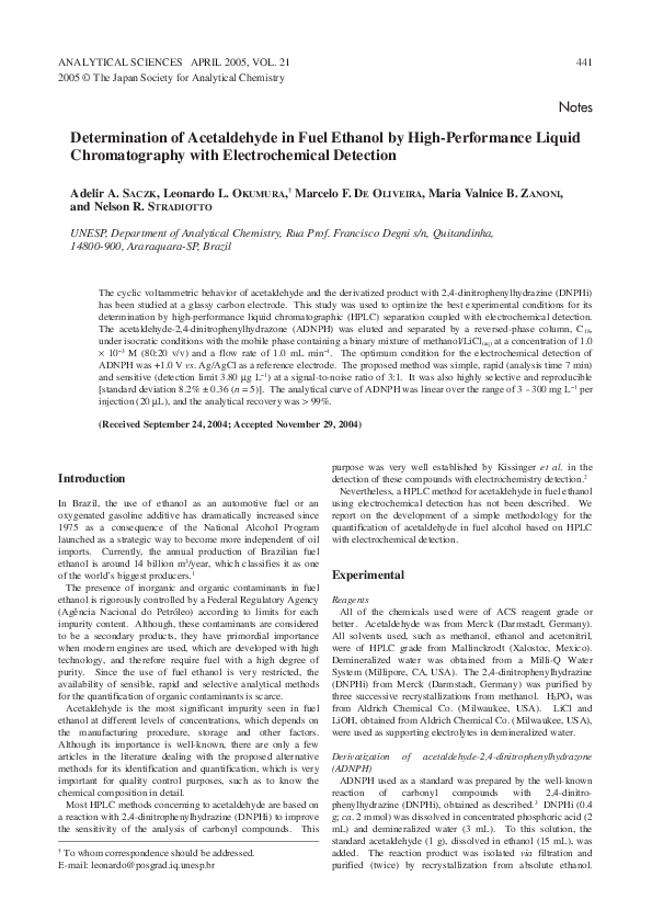 Determination of Acetaldehyde in Fuel Ethanol by High-Performance ...