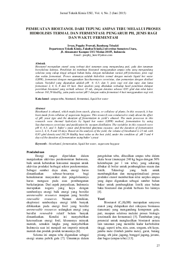 (PDF) Pembuatan Bioetanol Dari Tepung Ampas Tebu Melalui Proses ...