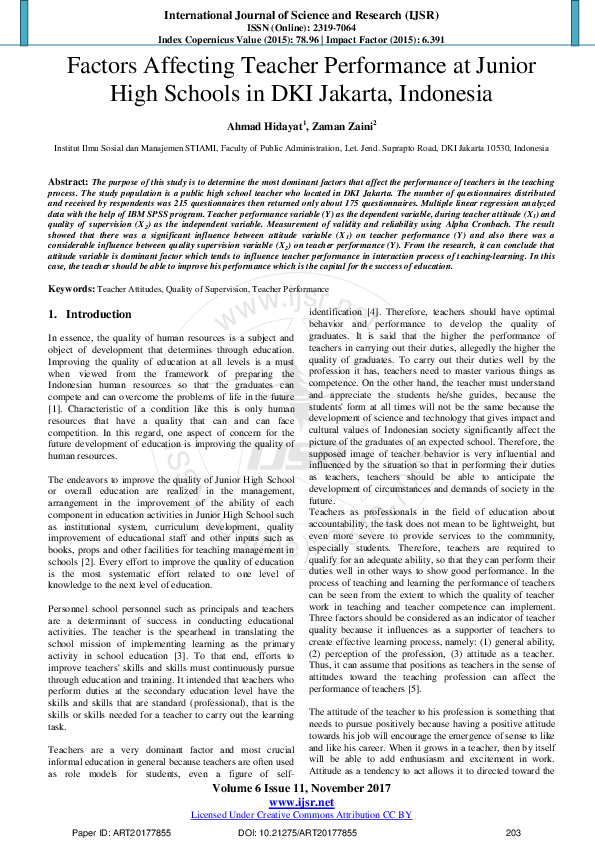 (PDF) Factors Affecting Teacher Performance at Junior High Schools in DKI Jakarta, Indonesia